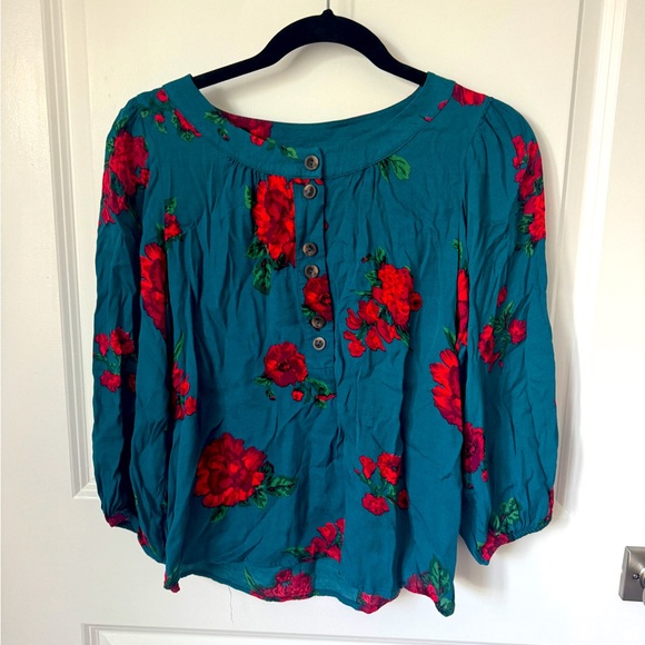 Anthropologie | Tops | Anthropology Maeve Teal Red Floral Blouse | Poshmark